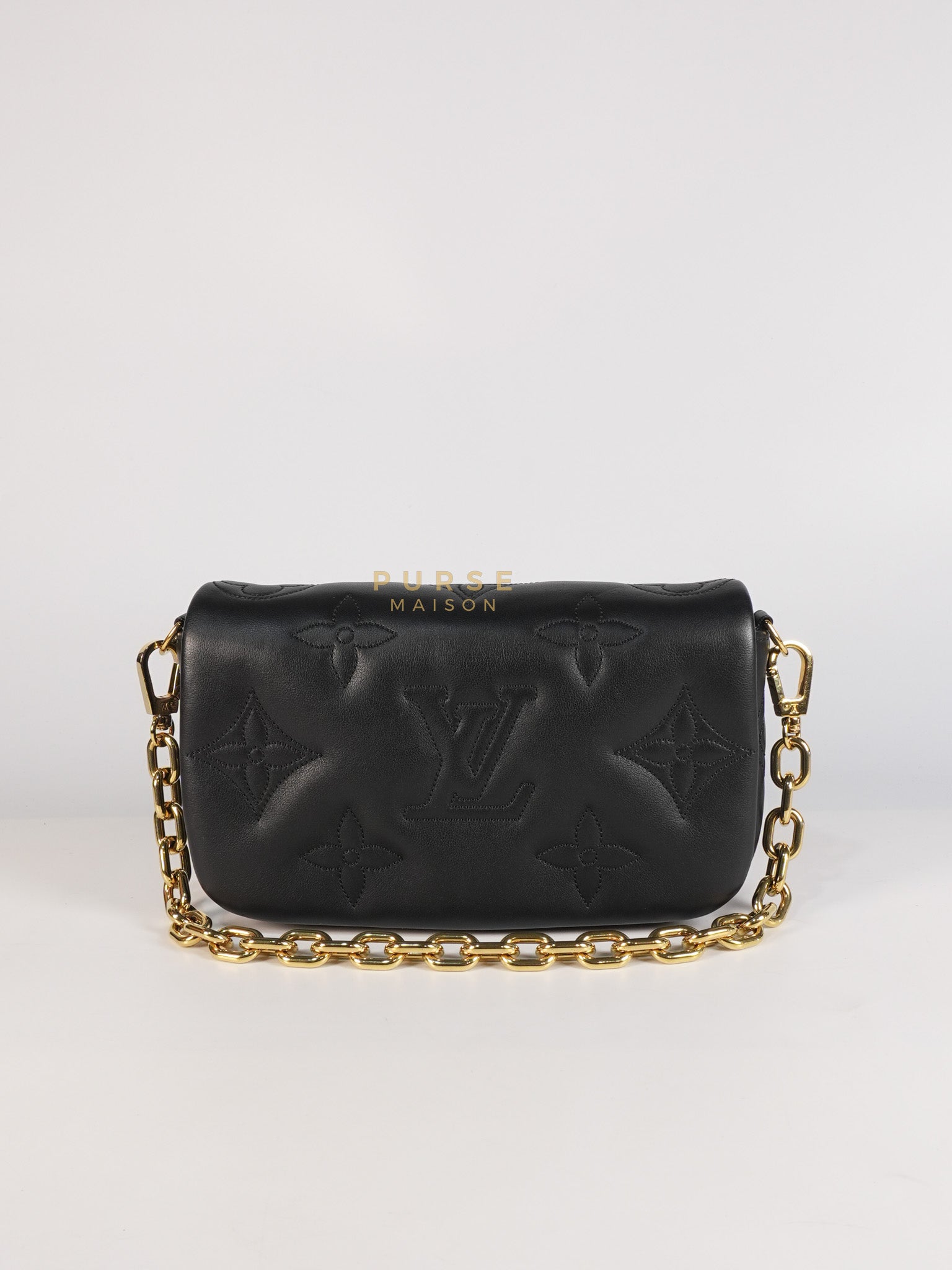Bubble Gram Wallet on Strap 2Way Bag in Black Lambskin Leather & Gold ...