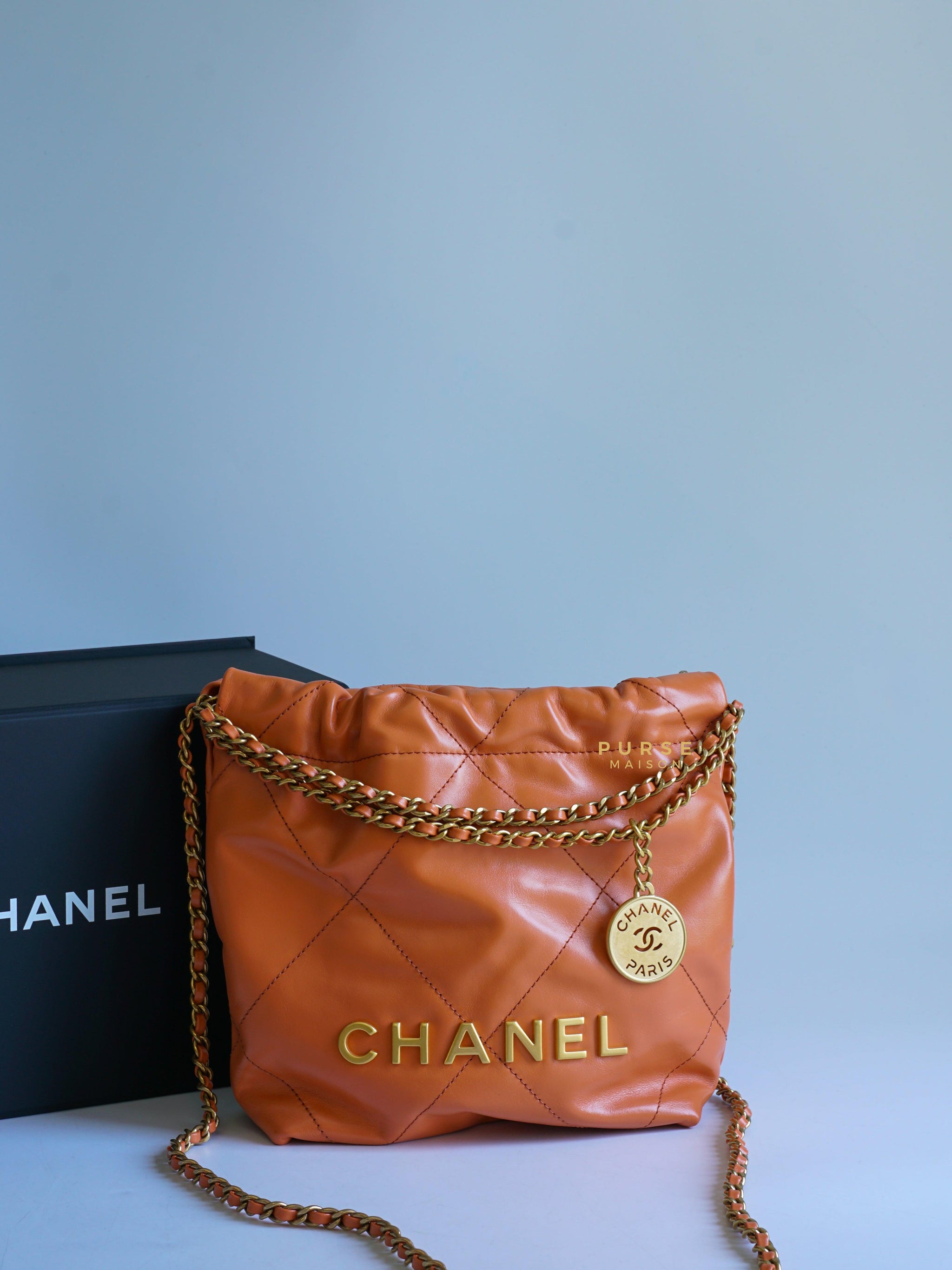 Chanel Mini 22 Shiny Calfskin 23A Gold/Tan (Microchip)