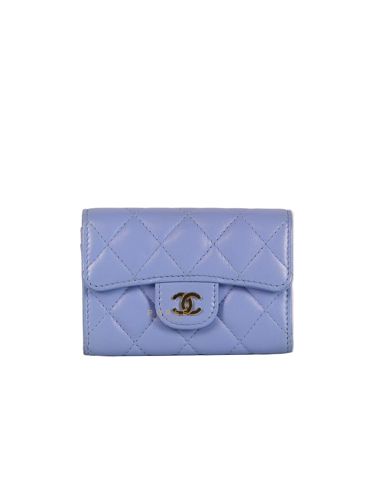 Flap Card Holder Wallet in Light Blue Quilted Lambskin Leather Gold Ha