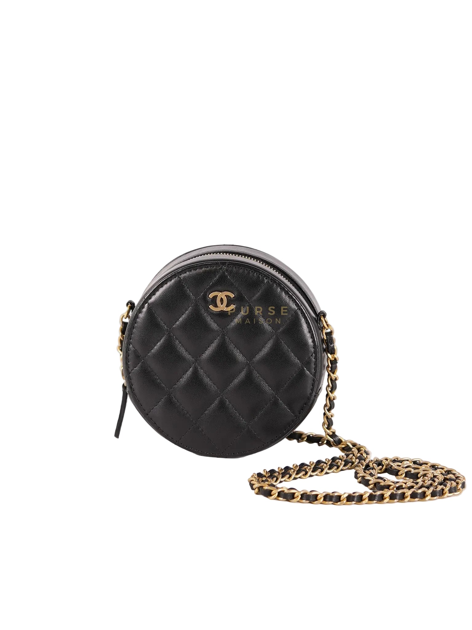 Mini Round Purse on Chain in Black Quilted Lambskin Leather
